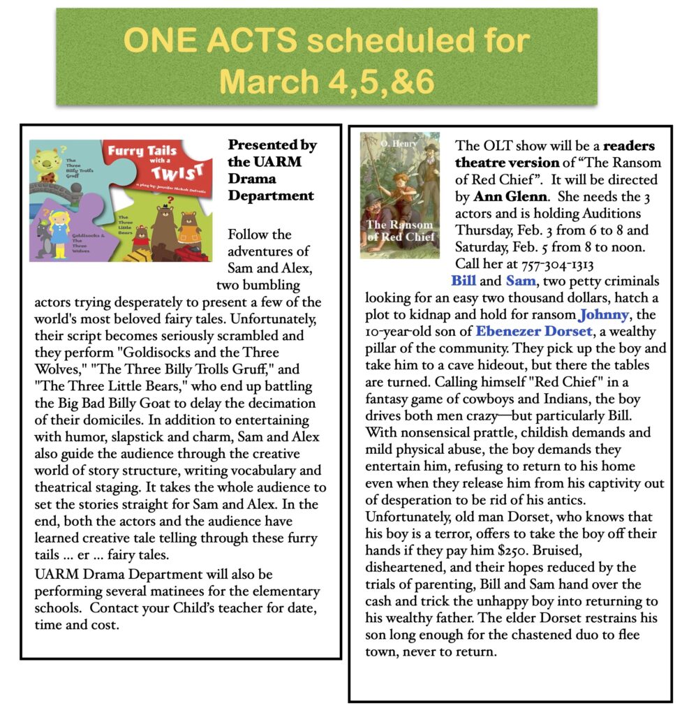 One Act Plays, March 4, 2022 at 7:30PM – Ouachita Little Theatre